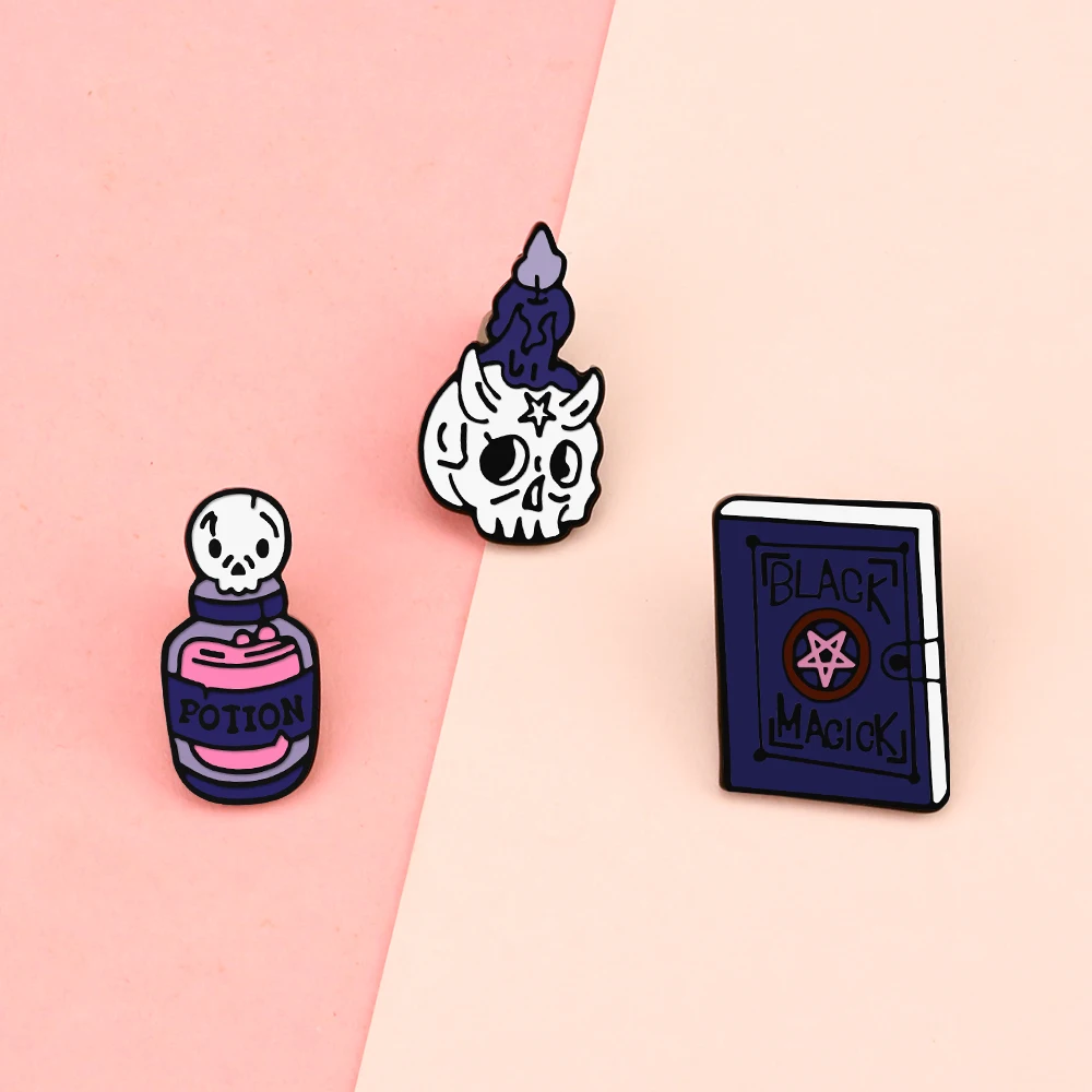 Witch Magic Book Enamel Pins Purple Magic Potion Skeleton Brooches ...