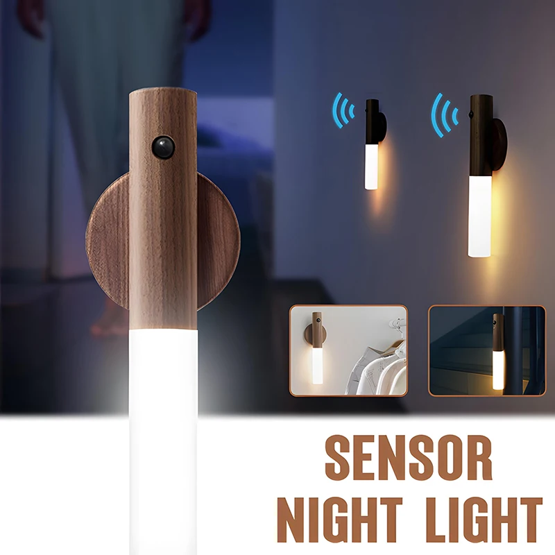 LED-Wood-Night-Light-PIR-Motion-Sensor-Magnetic-Wall-Lamp-USB ...
