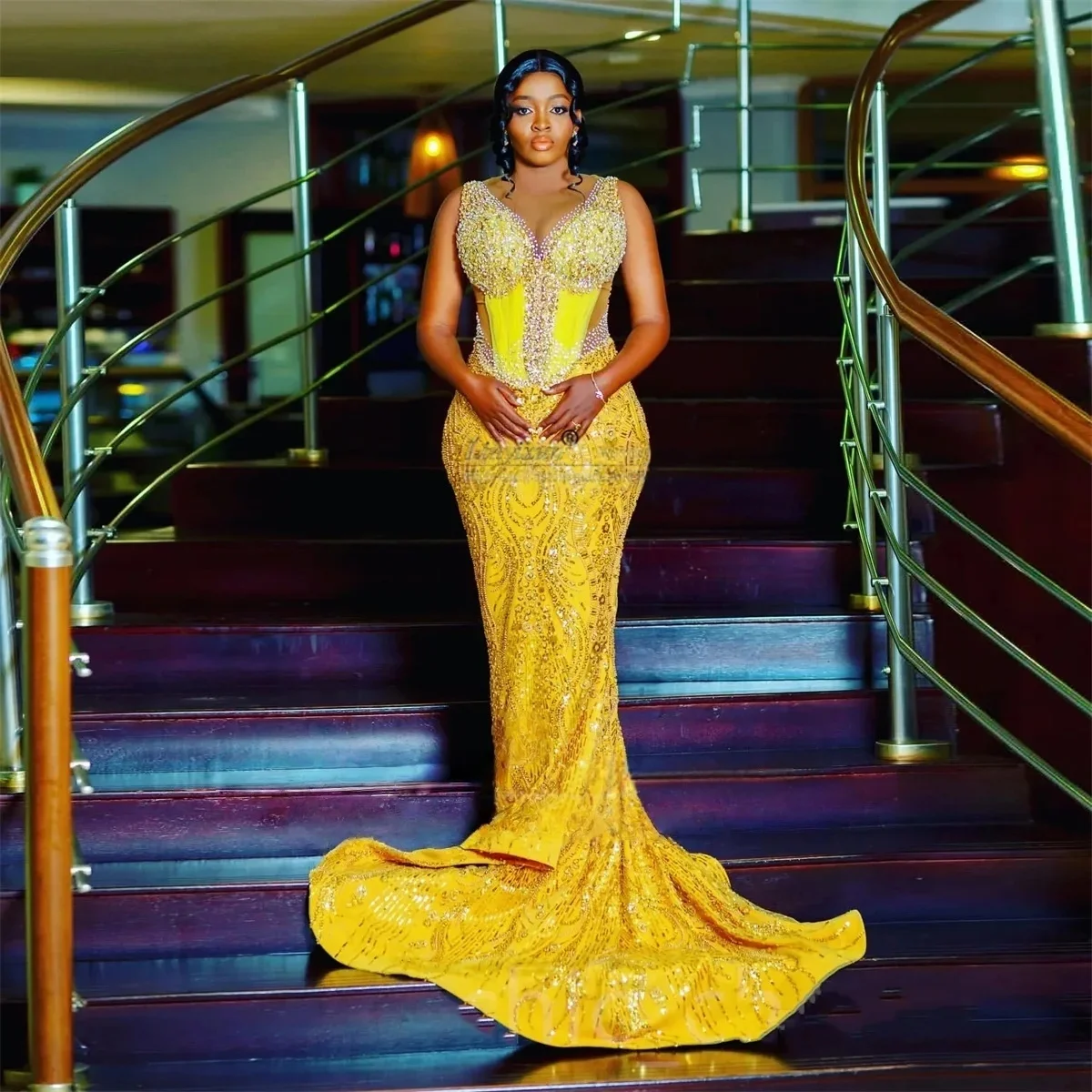 Yellow African American Prom Dresses For Black Girls Mermaid V-neck ...