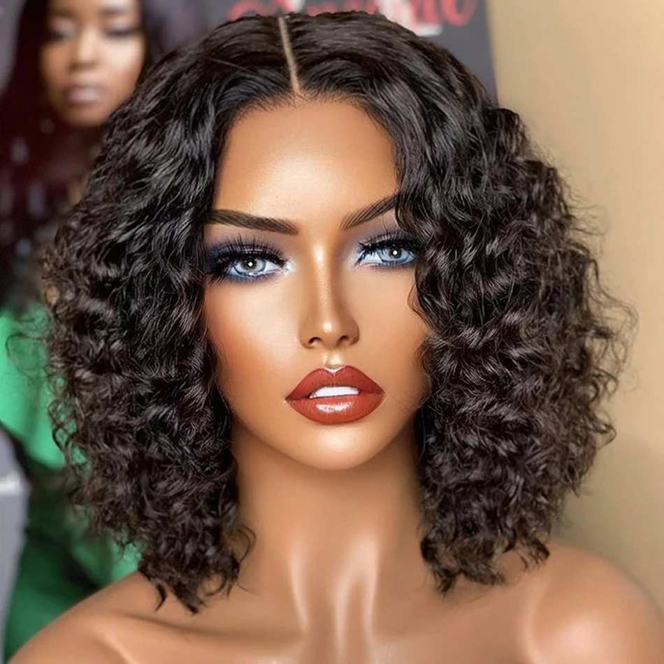 Yafe kısa Bob peruk kıvırcık insan saçı peruk 13x4 şeffaf derin dalga ...
