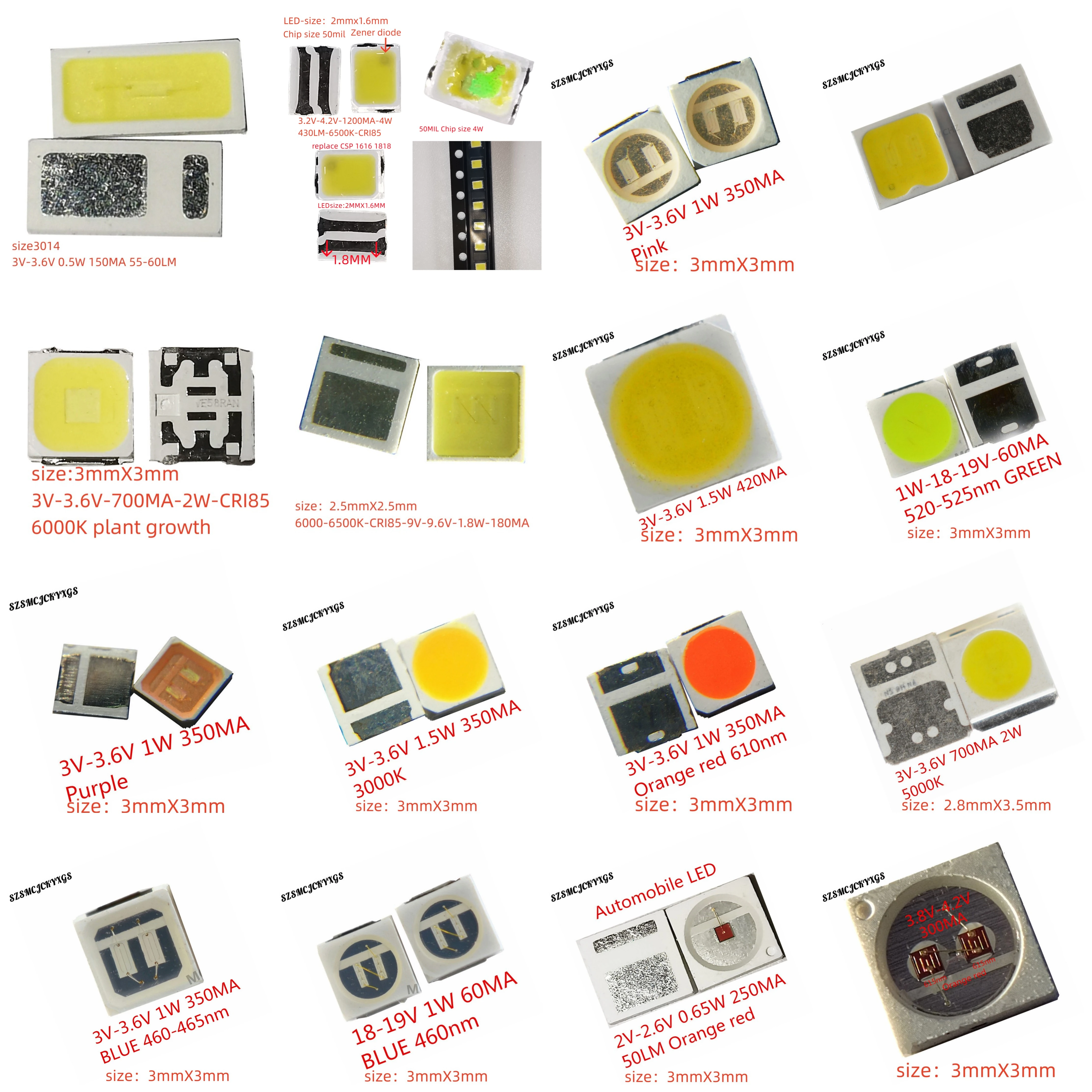 100PCS SMD LED 2835 3030 2828 2016 Chip 3V 6V 18V 1W 2W RED BLUE GREEN ...