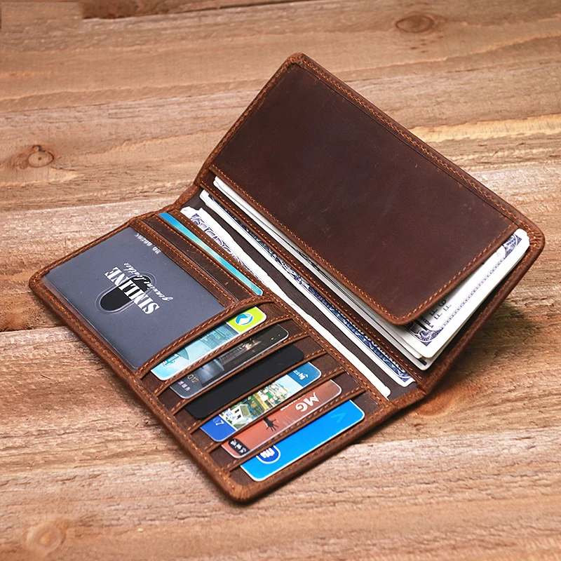 Genuine Leather Wallet For Men Vintage Crazy Horse Long Bifold Slim Men ...