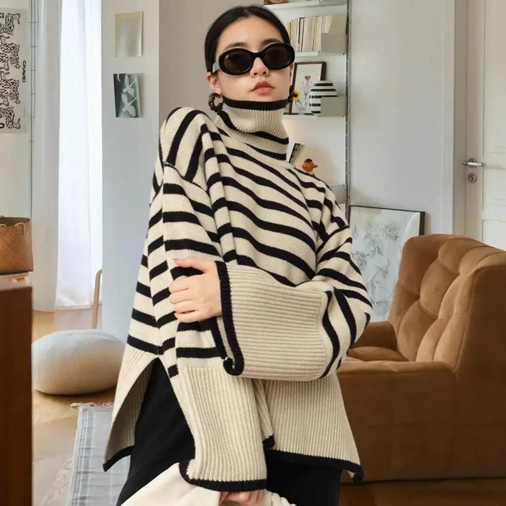 Women-Fall-Winter-Sweater-High-Collar-Neck-Protection-Contrast-Color ...