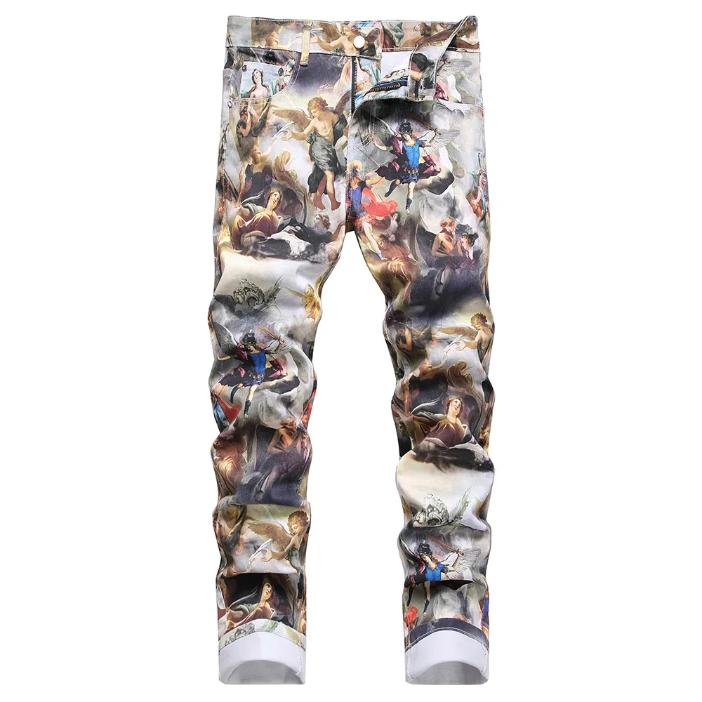 Men Classical Painting Print Jeans Fashion Angel Immortal Stretch Pants ...