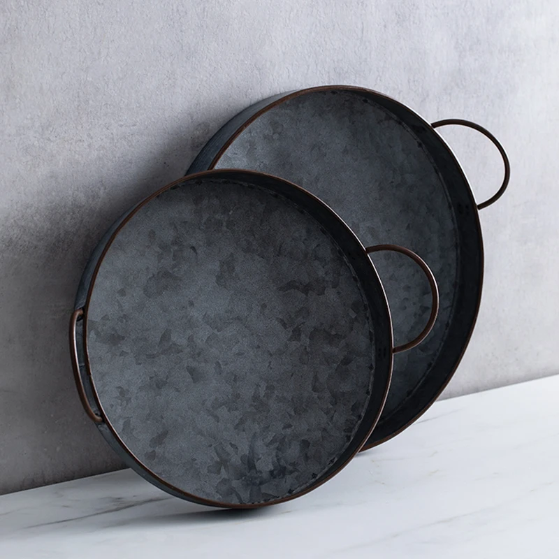 European Retro Round Iron Plate with Handle Metal Vintage Bread Tray ...