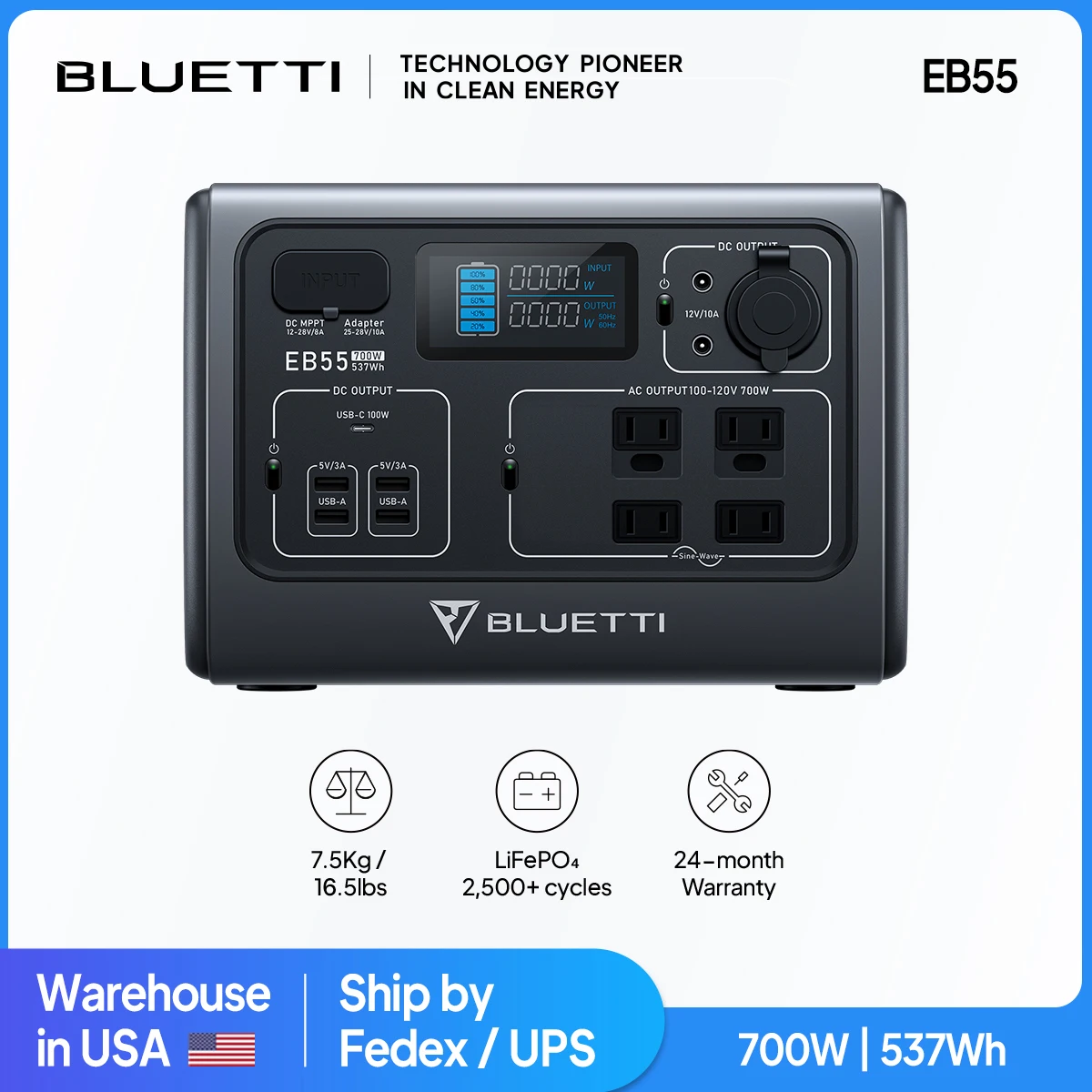 US-Plug-BLUETTI-EB55-700W-537Wh-Portable-Power-Station-LiFePO4-Battery ...
