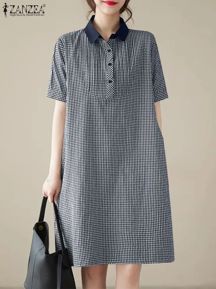 ZANZEA-Vintage-Checked-Patchwork-Knee-length-Dress-Women-Summer-Casual ...