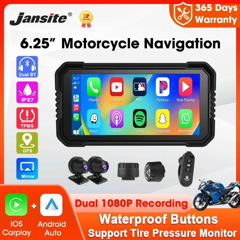 Jansite Portable 6.25" Motorcycle GPS Navigation Wireless Carplay ...