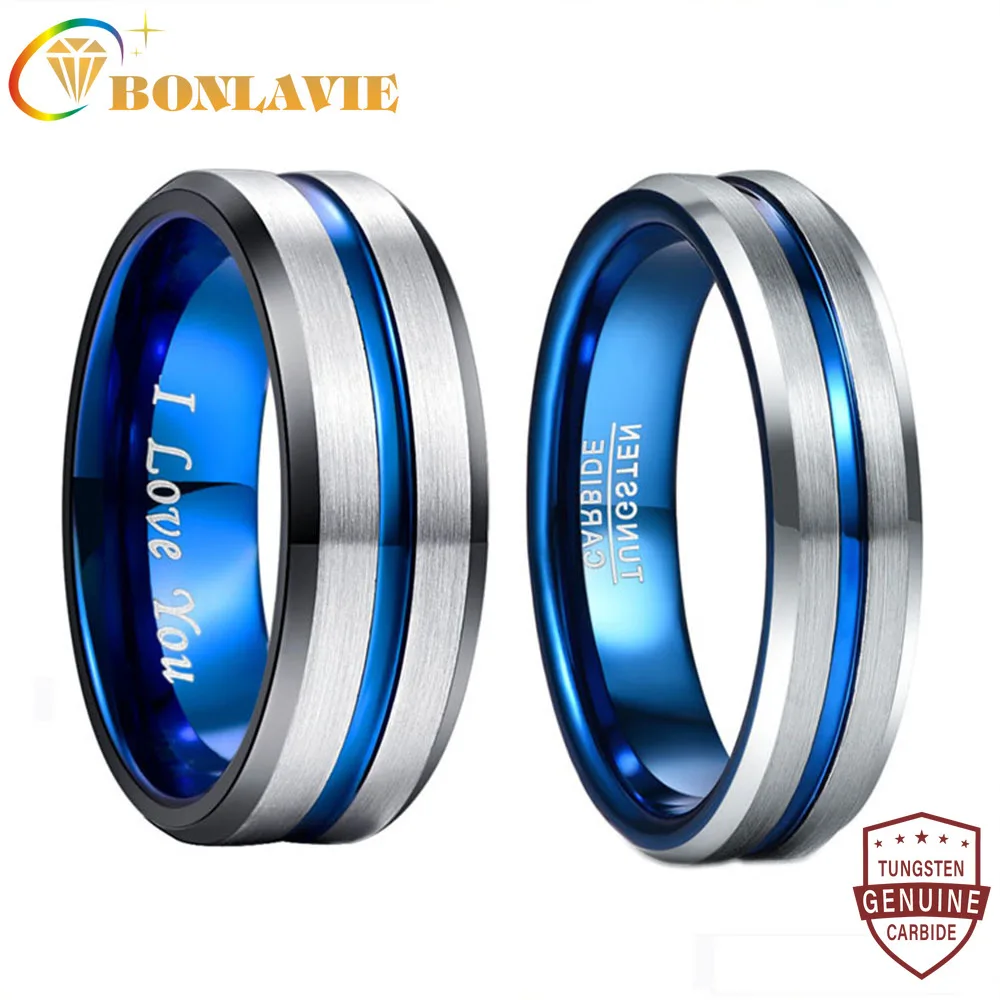 BONLAVIE-8mm-6mm-Tungsten-Carbide-Ring-Blue-Black-Matte-Finish-Beveled ...