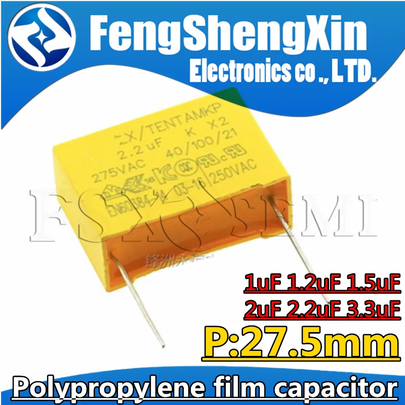 5pcs X2 27.5mm Polypropylene film capacitor 275VAC 1uF 1.2uF 1.5uF 2uF ...