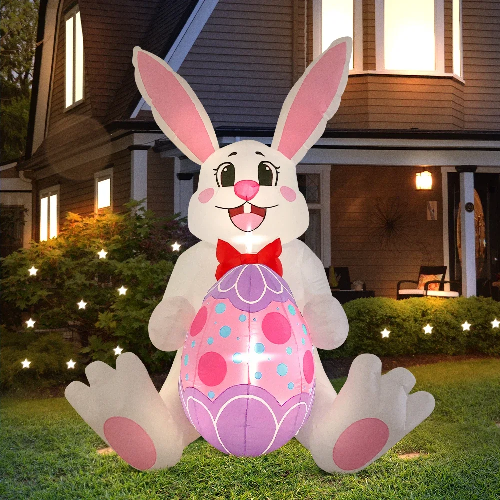 6FT Easter Inflatable Pink Bunny Holding Easter Eggs Blow Up Outdoor ...
