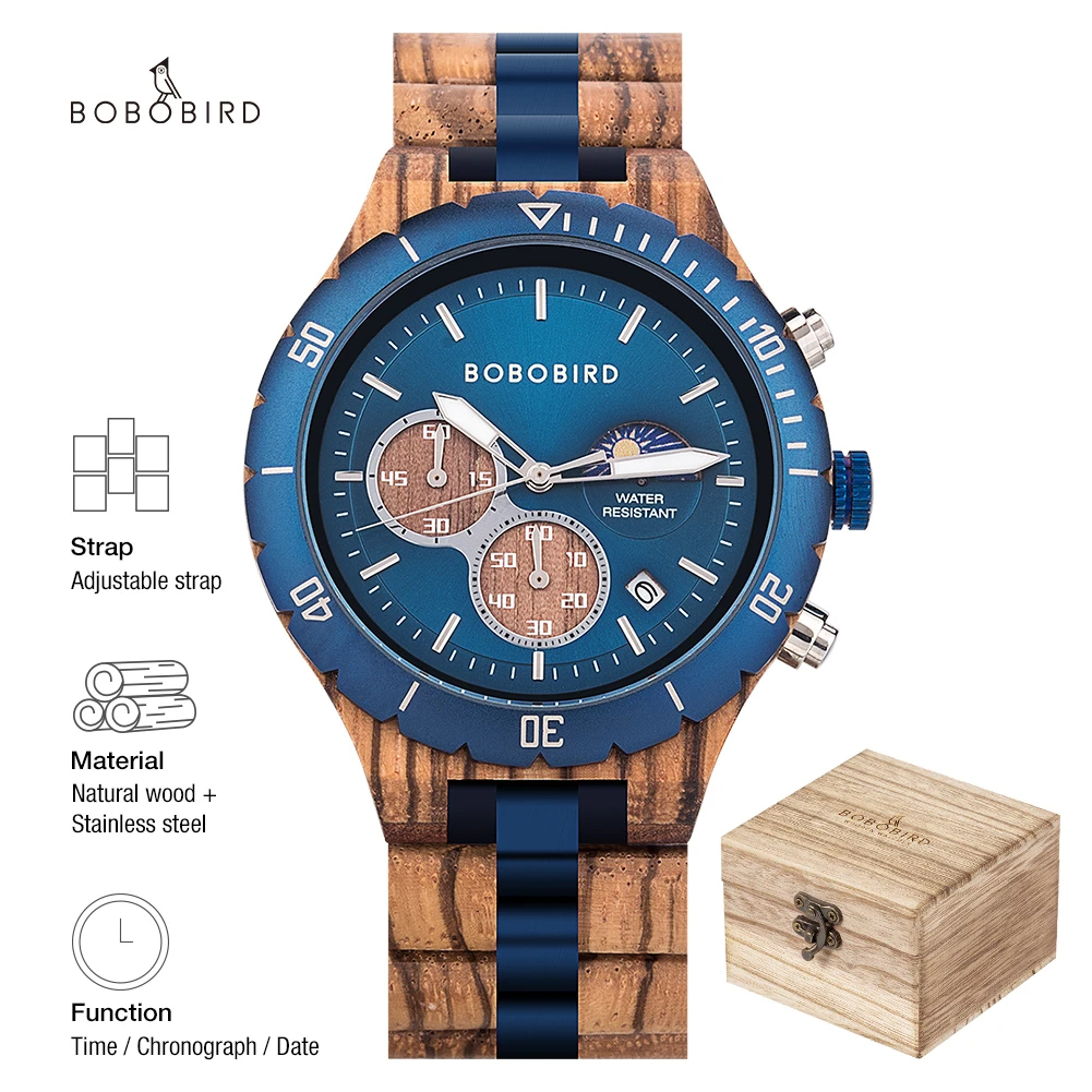 BOBO BIRD Watch Men Wood and Stainless Steel Combined Luxury Quartz ...