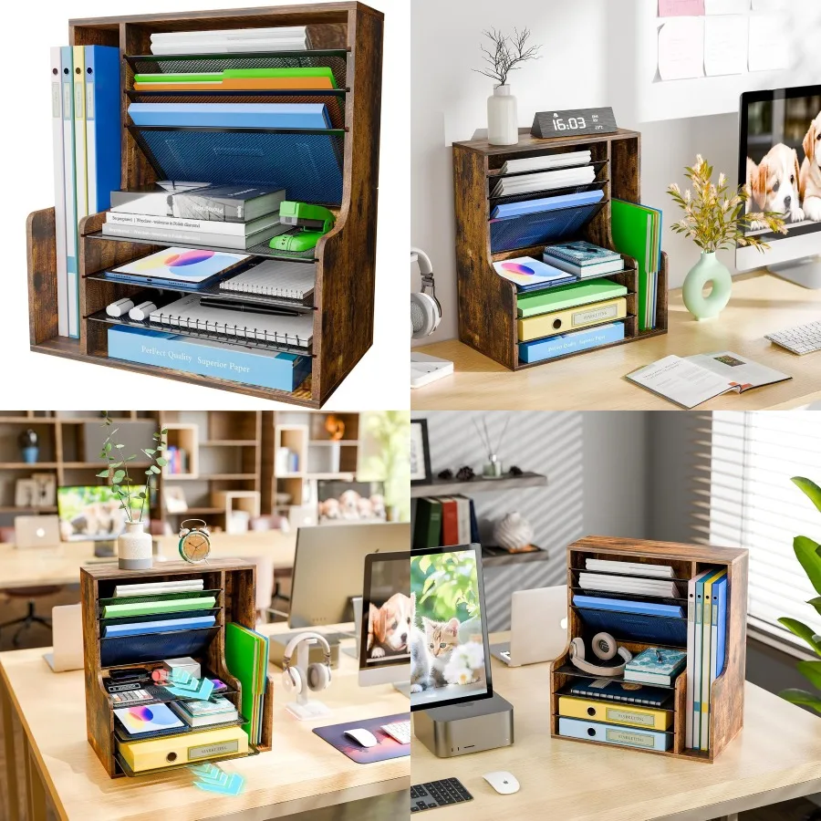 7 Tier Desk File Organizer with Wooden Letter Tray and Adjustable File ...