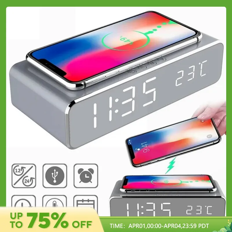 Wireless-Charger-Time-Alarm-Clock-LED-Digital-Thermometer-Earphone ...