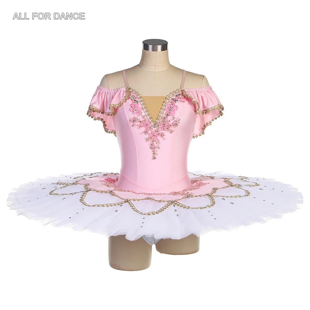 BLL552-Off-Shoulder-Pink-Spandex-Bodice-with-Pink-Gold-Trim-White-Tulle ...