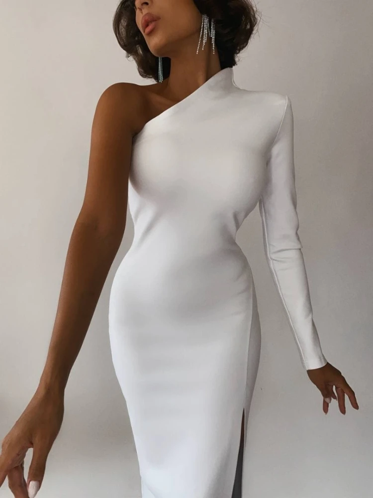 White-Slim-Maxi-Dress-for-Women-Sexy-One-Shoulder-Split-Evening-Party ...