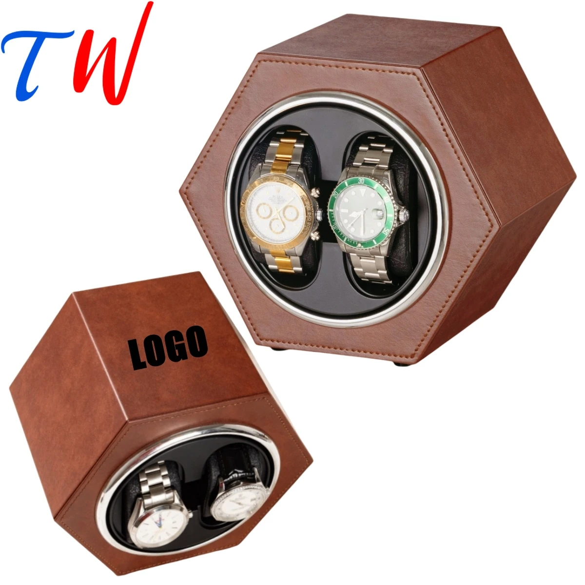 Custom Logo Vintage Hexagon Watch Winder Dual-Speed Silent Motor Type-C ...