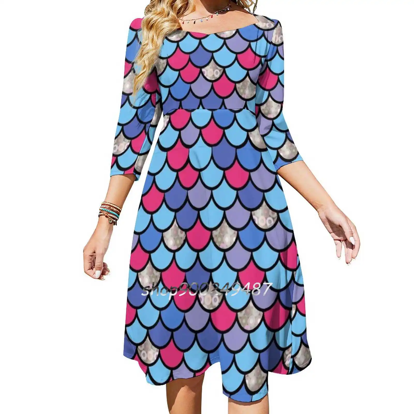 Rainbow-Fish-Scales-Square-Neck-Dress-Sweet-Summer-Dress-Women-Elegant ...