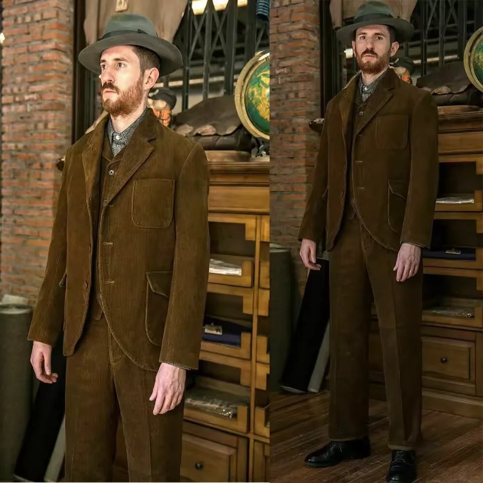 Retro Men's Corduroy 3 Piece Suit Blazer+Vest+Pants XS-7XL Vintage ...