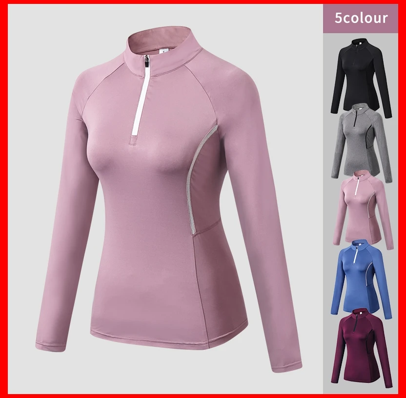 Women Autumn Long Sleeve Sport Running Tops Standing collar Gym Workout ...