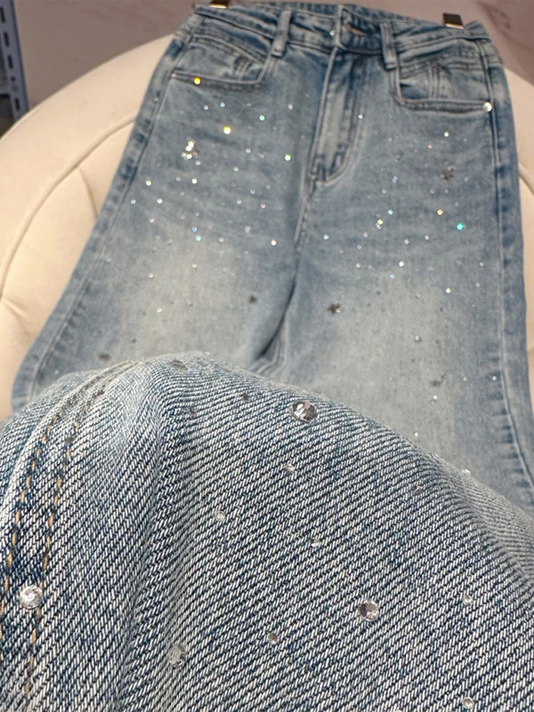 Fashion Shiny Blue Jeans Women Rhinestone Star High Waist Straight ...