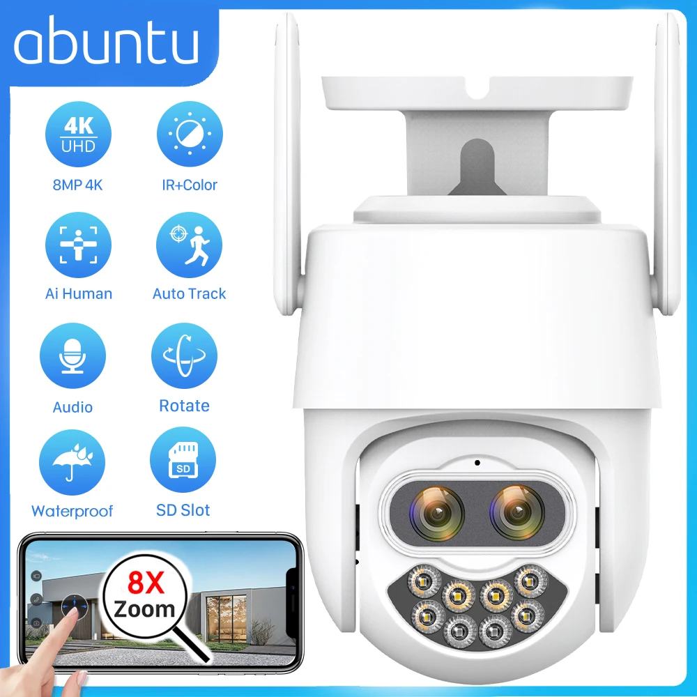 ABUNTU 8MP 4K Dual Lens PTZ IP Camera Outdoor Celling 8X Hybrid Zoom ...