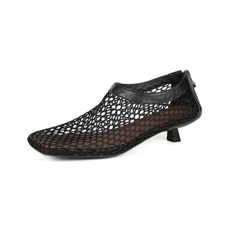 Women Summer Mesh Shoes Kitten Heel Breathable Pumps Square Toe Sandals ...