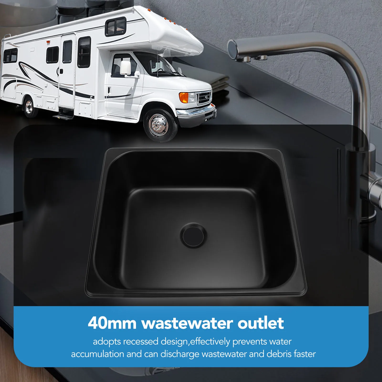 RV Motorhome Sink 304 Stainless Steel Square Wash Basin Sink with 40mm ...