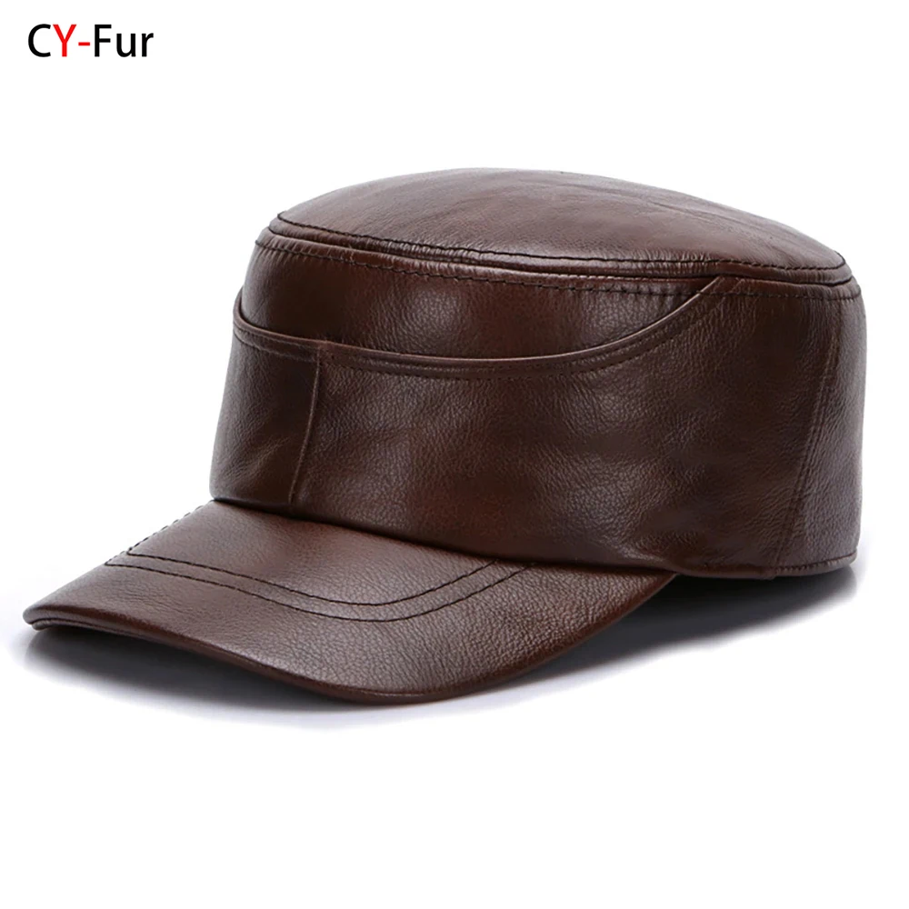 New Real Cow Leather Flat Cap Earflap Cap Men Real Leather Hats Fall ...