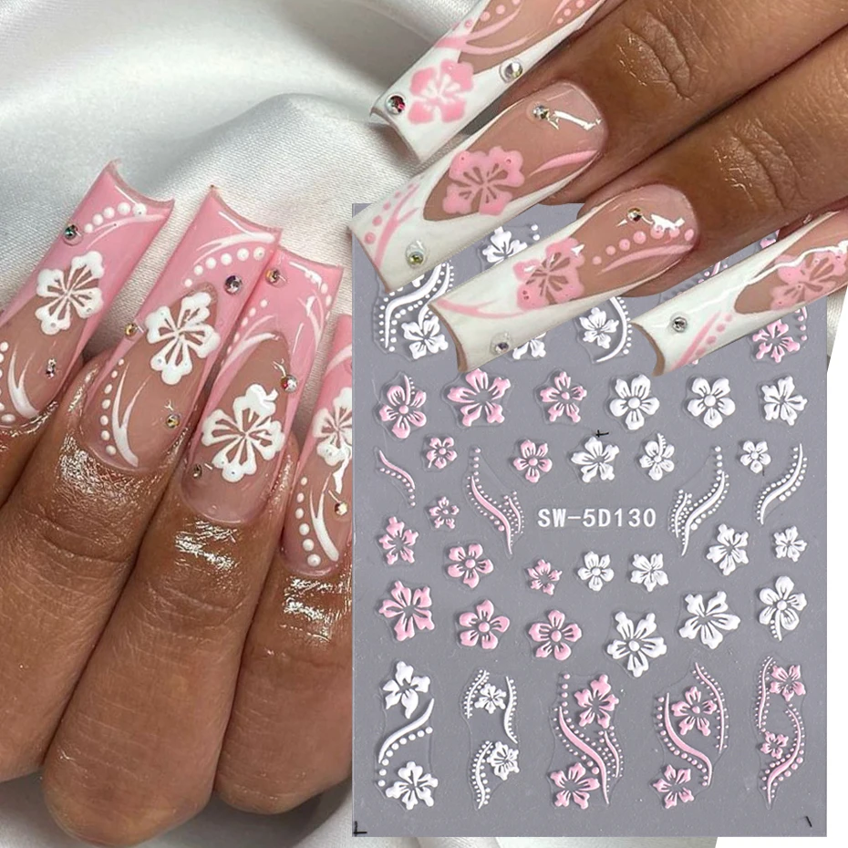 5D-Hibiscus-Flower-Nail-Embossed-Sticker-Acrylic-White-Pink-Petal-Leaf ...
