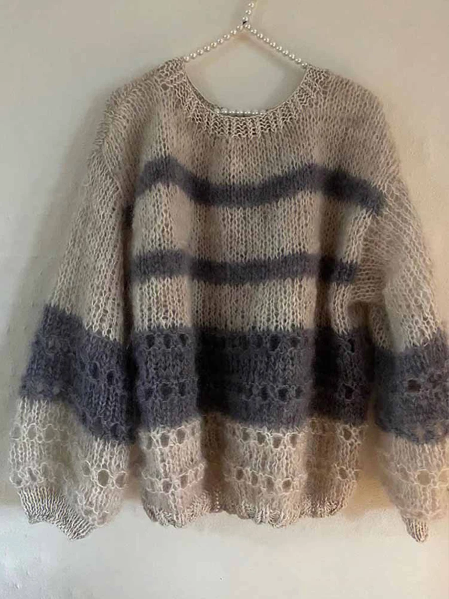 plus Size 300 Pounds Fat MM Korean Style Lazy Striped Hollow Knitted ...
