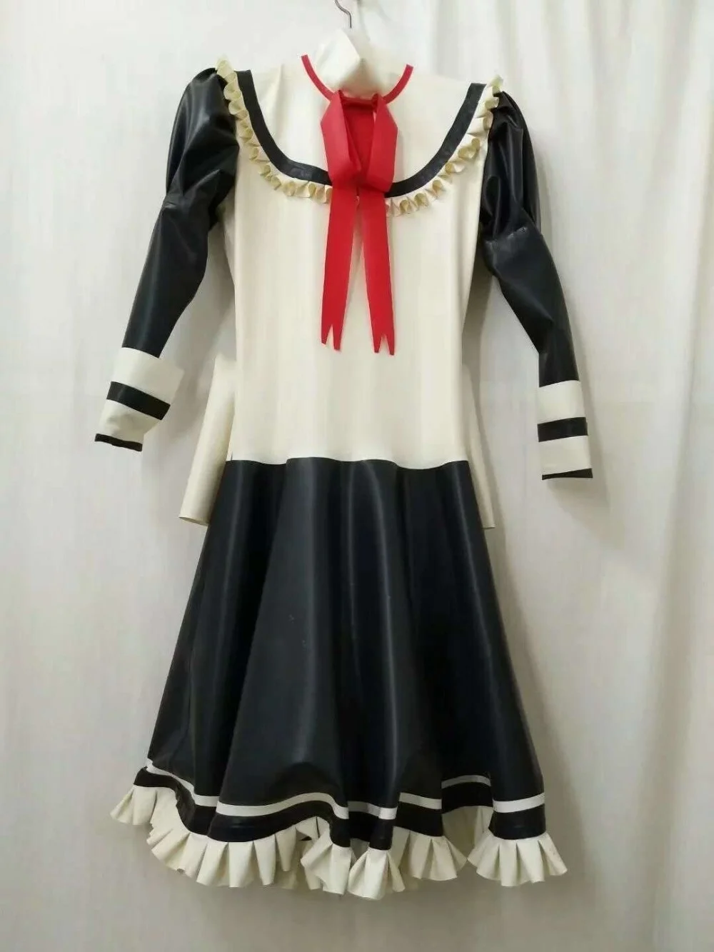 Sexy-Women-s-Black-Latex-Dress-Ruffles-Rubber-One-piece-Long-School ...