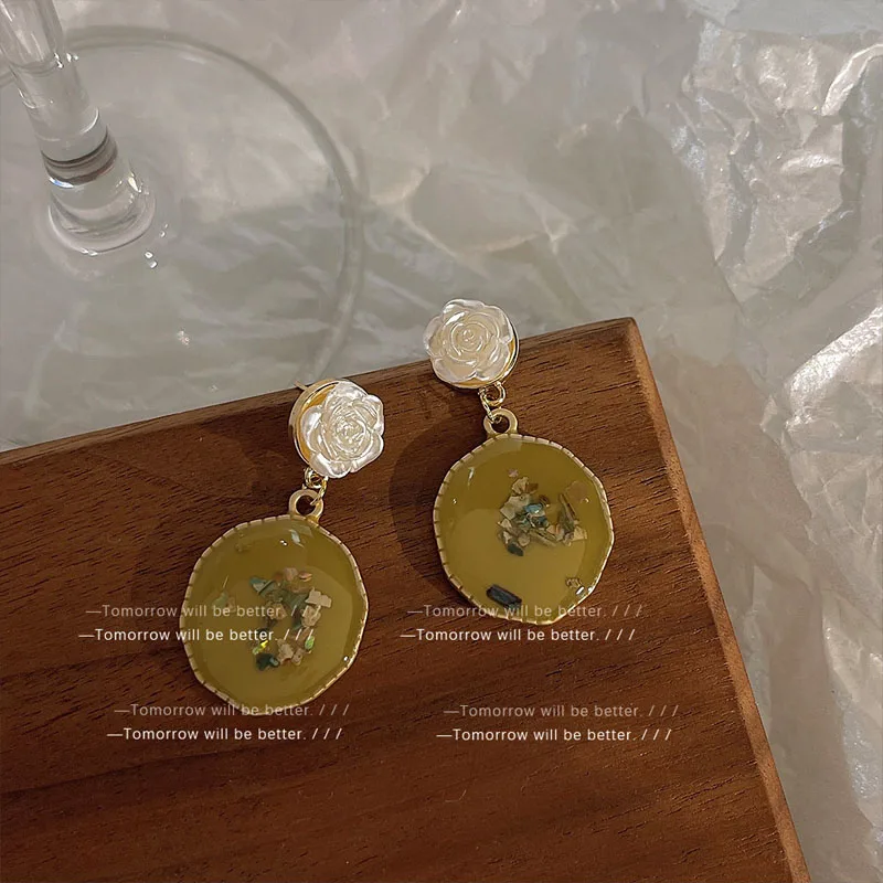 French-Vintage-Mustard-Green-Drip-Oil-Crushed-Shell-Earrings-for-Women ...