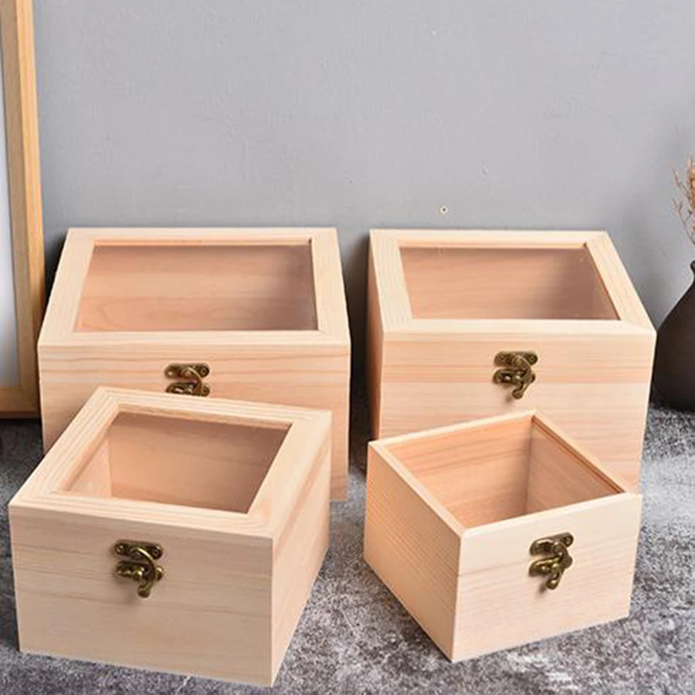 Wooden-Storage-Box-Plain-Wood-Boxes-With-Clear-Lid-Multifunction-Square ...