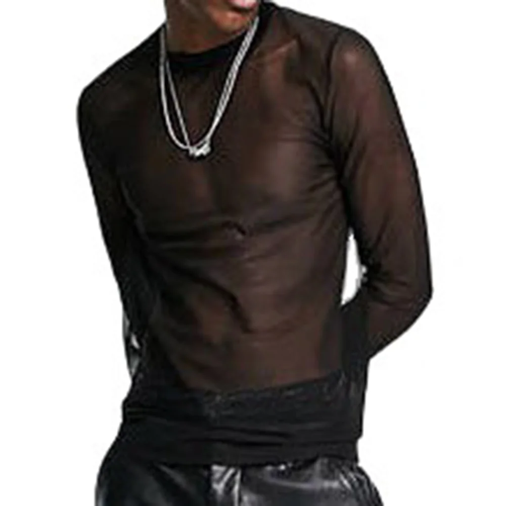 Sexy-Men-s-Clothing-Transparent-Solid-Black-Mesh-Long-Sleeve-T-Shirts ...