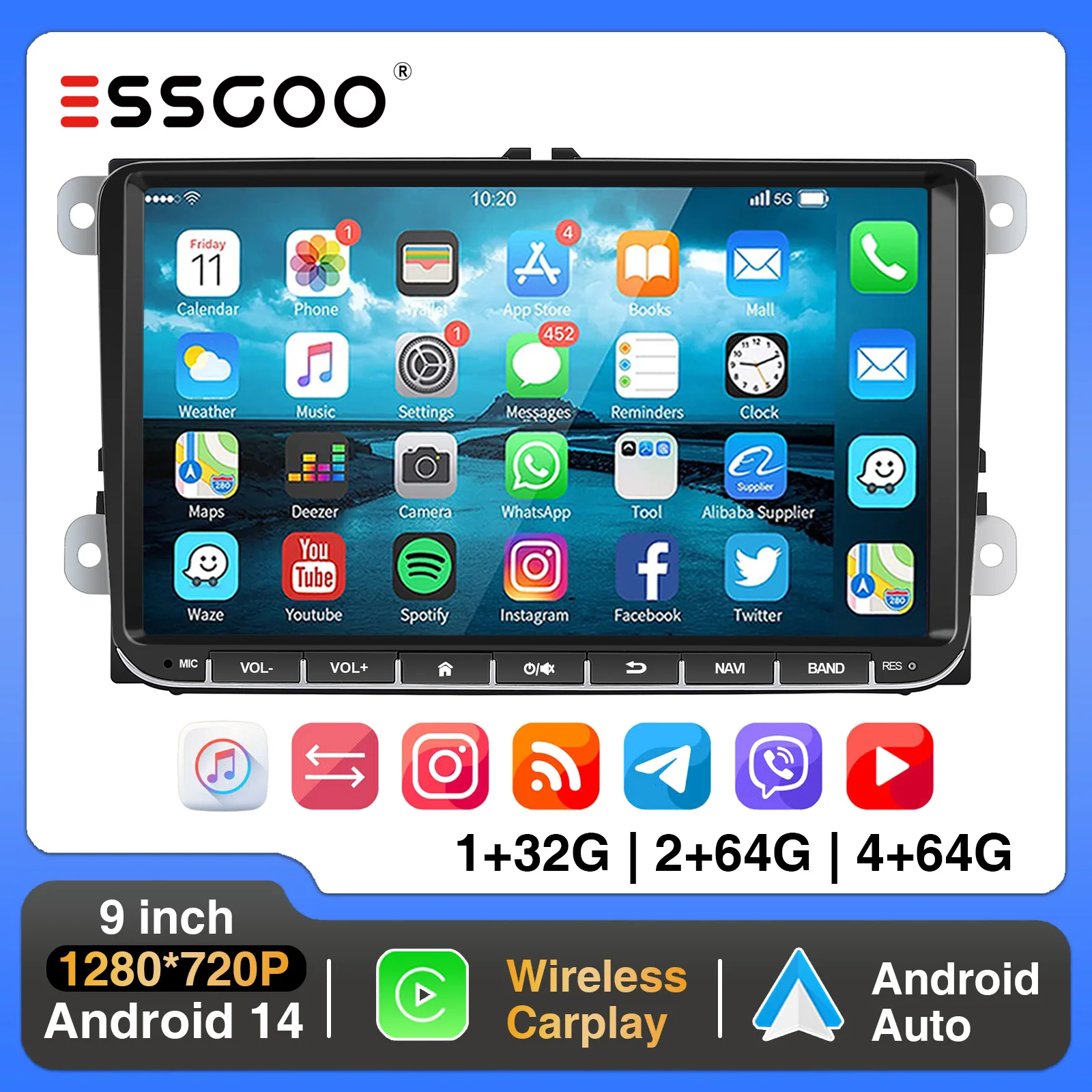 ESSGOO 9" Android 14 4+64G CarPlay Car Stereo Radio for VW Golf 5 6 ...