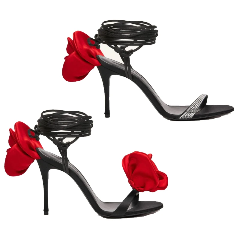 Summer Rose Flower Women's Sandals Thin High Heels Lace Up Satin ...