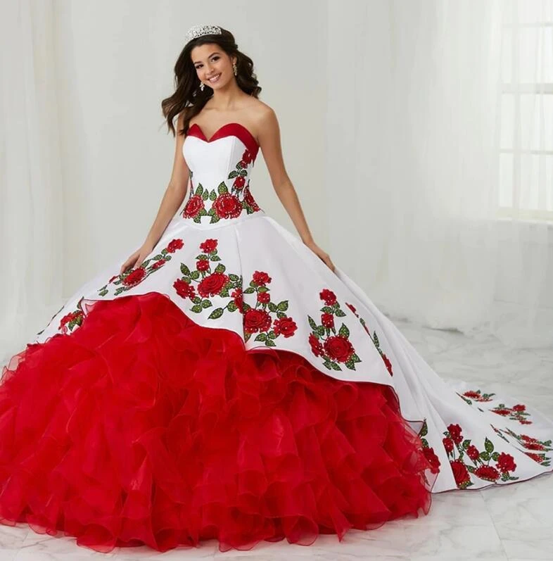 Luxury White With Red Charro Quinceanera Dresses 2023 Plus Size Flower ...
