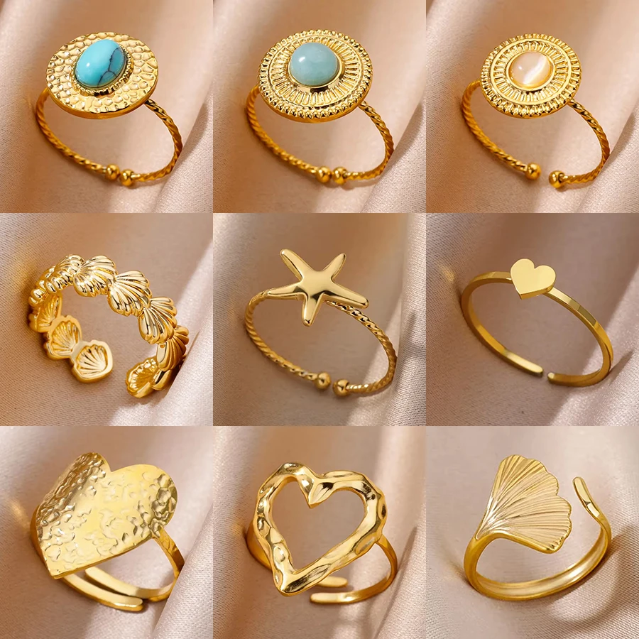 Gold Color Stainless Steel Shell Rings For Women Vintage Oval Blue ...