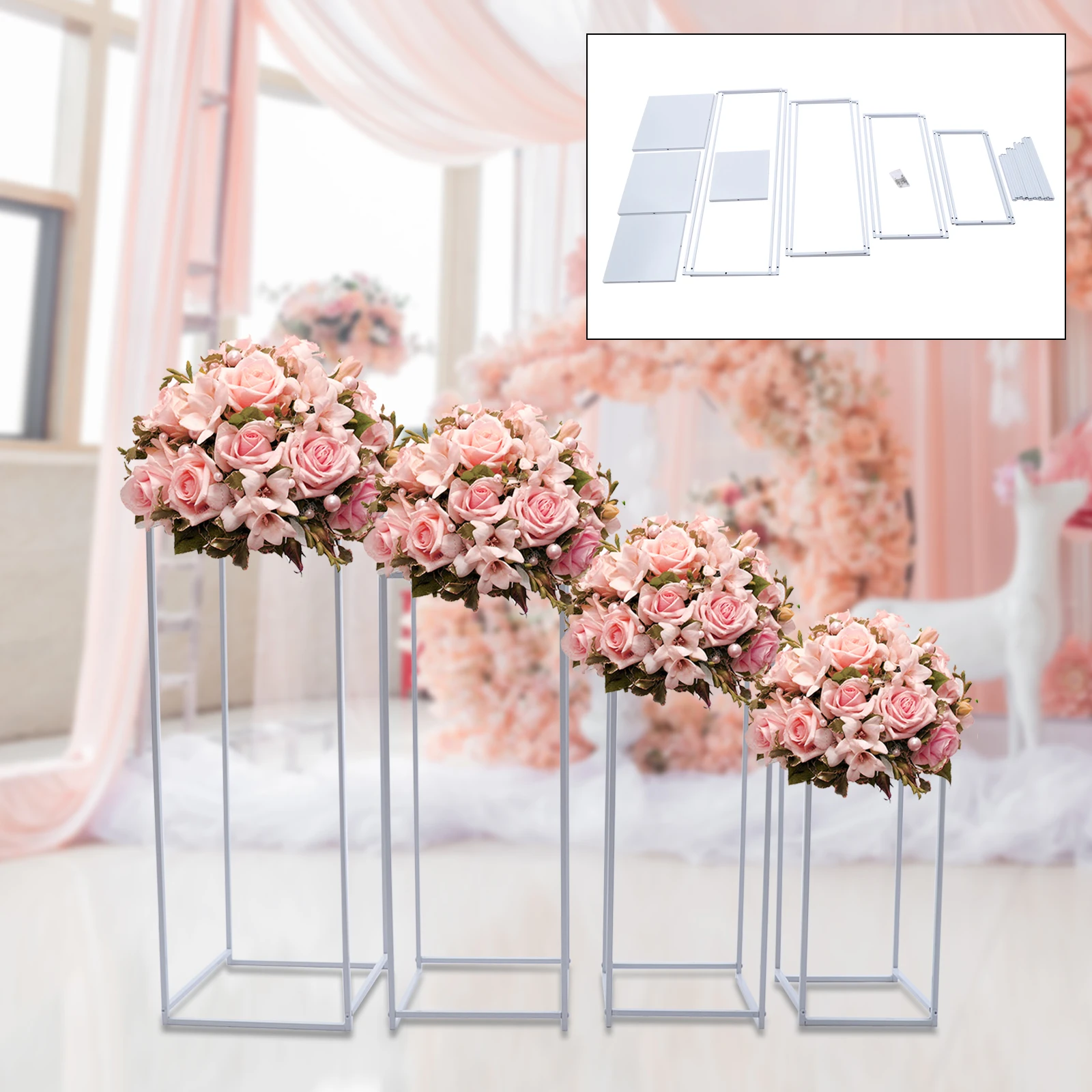 4Pcs-White-Flower-Floor-Stand-Metal-Column-Flower-Stand-Flower ...
