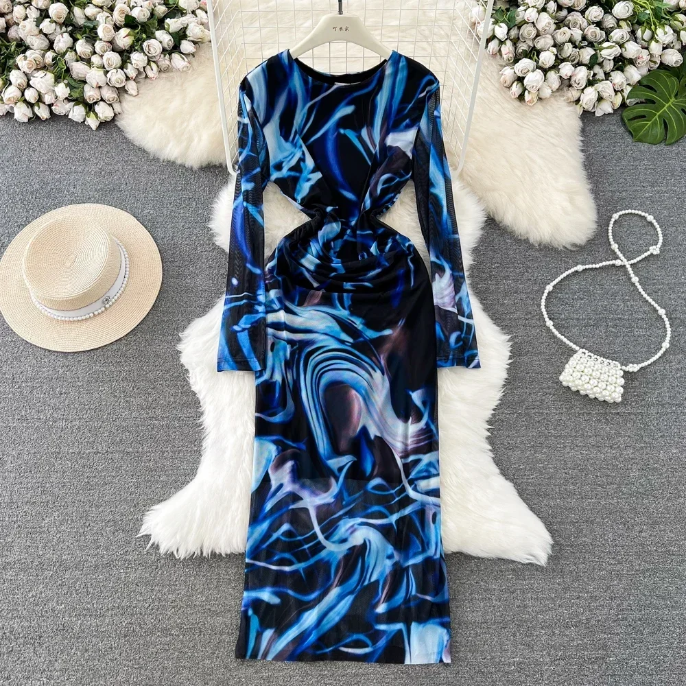 Dress-lengan-panjang-wanita-gaun-jala-seksi-Bodycon-cetakan-leher-O ...