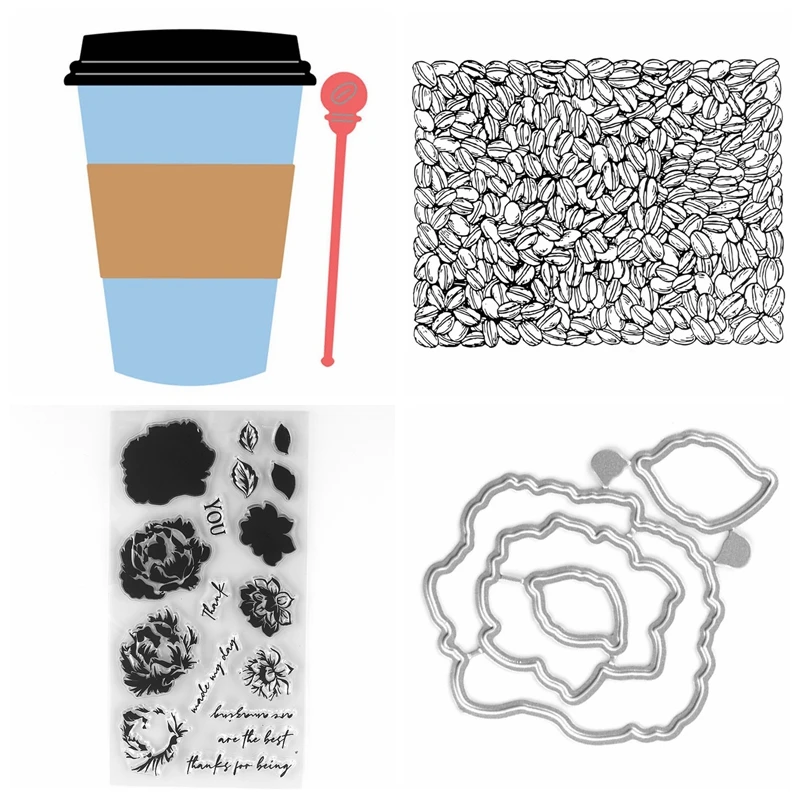 Coffee Beans Background Clear Stamps Coffee Cup Cutting Dies for DIY ...