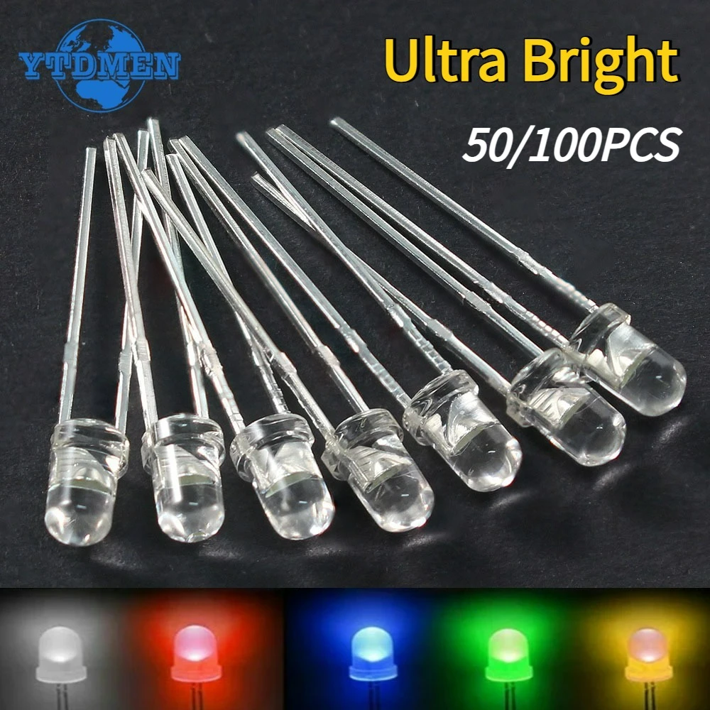 50/100pcs Ultra Bright 3mm Led Light Emitting Diode F3 Transparent LED ...