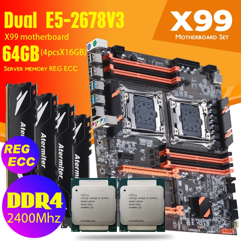 Atermiter dupla x99 ddr4 placa-mãe com 2011-3 xeon e5 2678 v3 * 2 com 4*16gb = 64gb 2400mhz reg ...