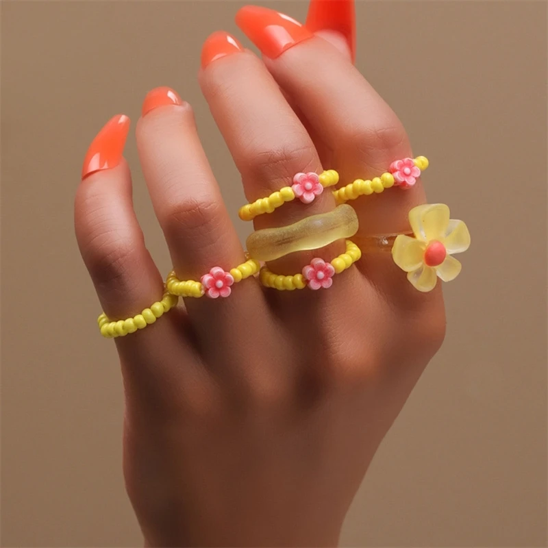 7pcs-Cute-Resin-Flower-Beaded-Ring-Handmade-Beach-Rings-Party-Jewelry ...