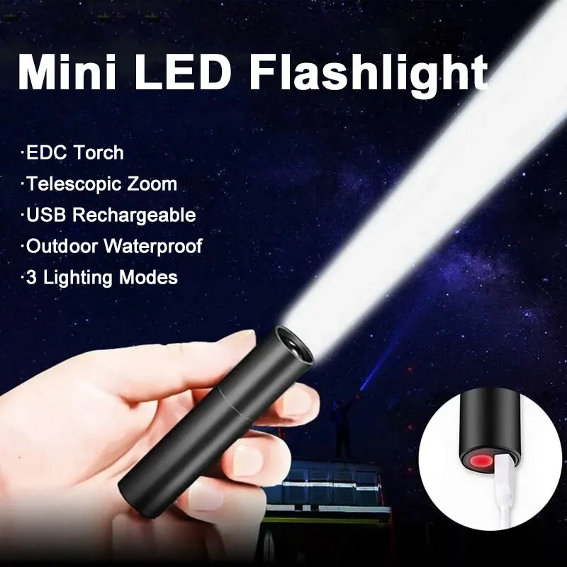 Mini Telescopic Zoom Flashlight 3 Light Mode Torch USB Rechargable ...