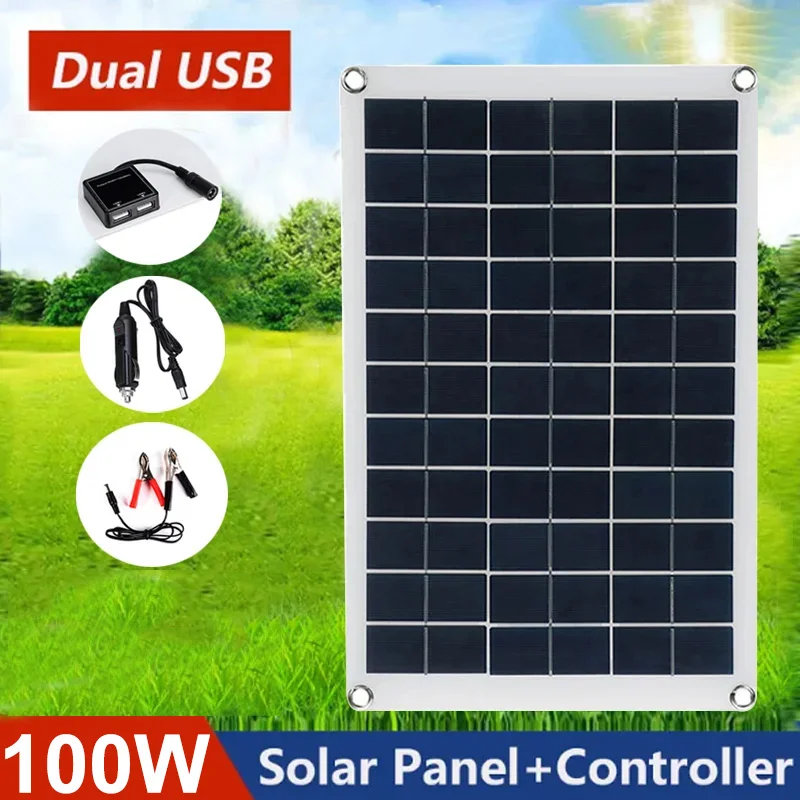 100W-Solar-Panel-Dual-USB-Solar-Cells-18V-Solar-Plate-Power-Bank-for ...