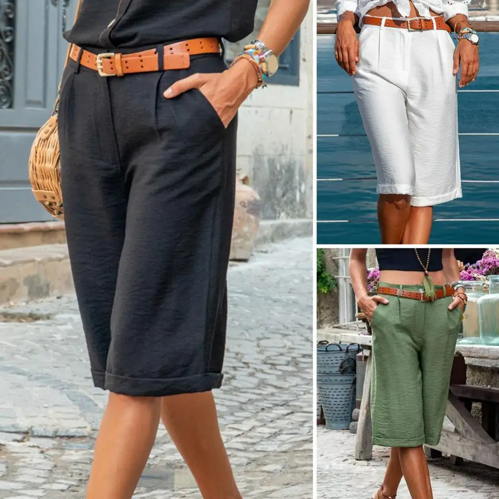 Knee-length-Shorts-Mid-rise-Pockets-Straight-Wide-Leg-Women-Shorts ...