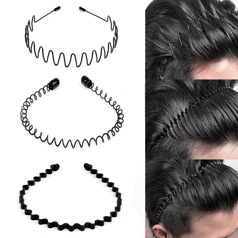 Unisex Black Elastic Non Slip Simple Metal Headbands For Men Women Wavy ...
