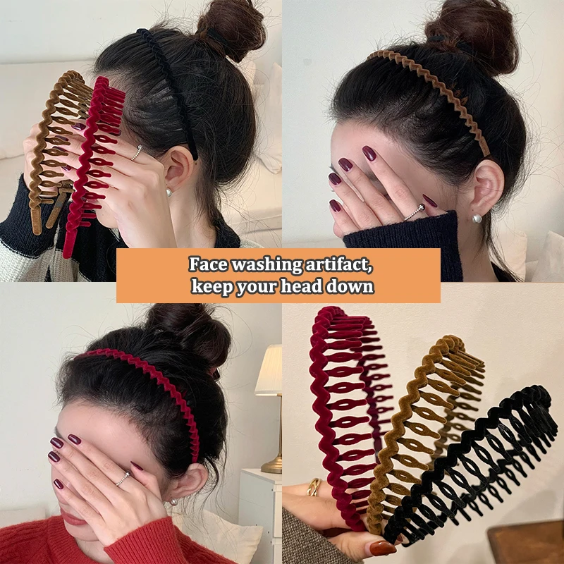 Fashion-Flocking-Bezel-Hair-Hoops-for-Women-Ladies-Solid-Color-Toothed ...